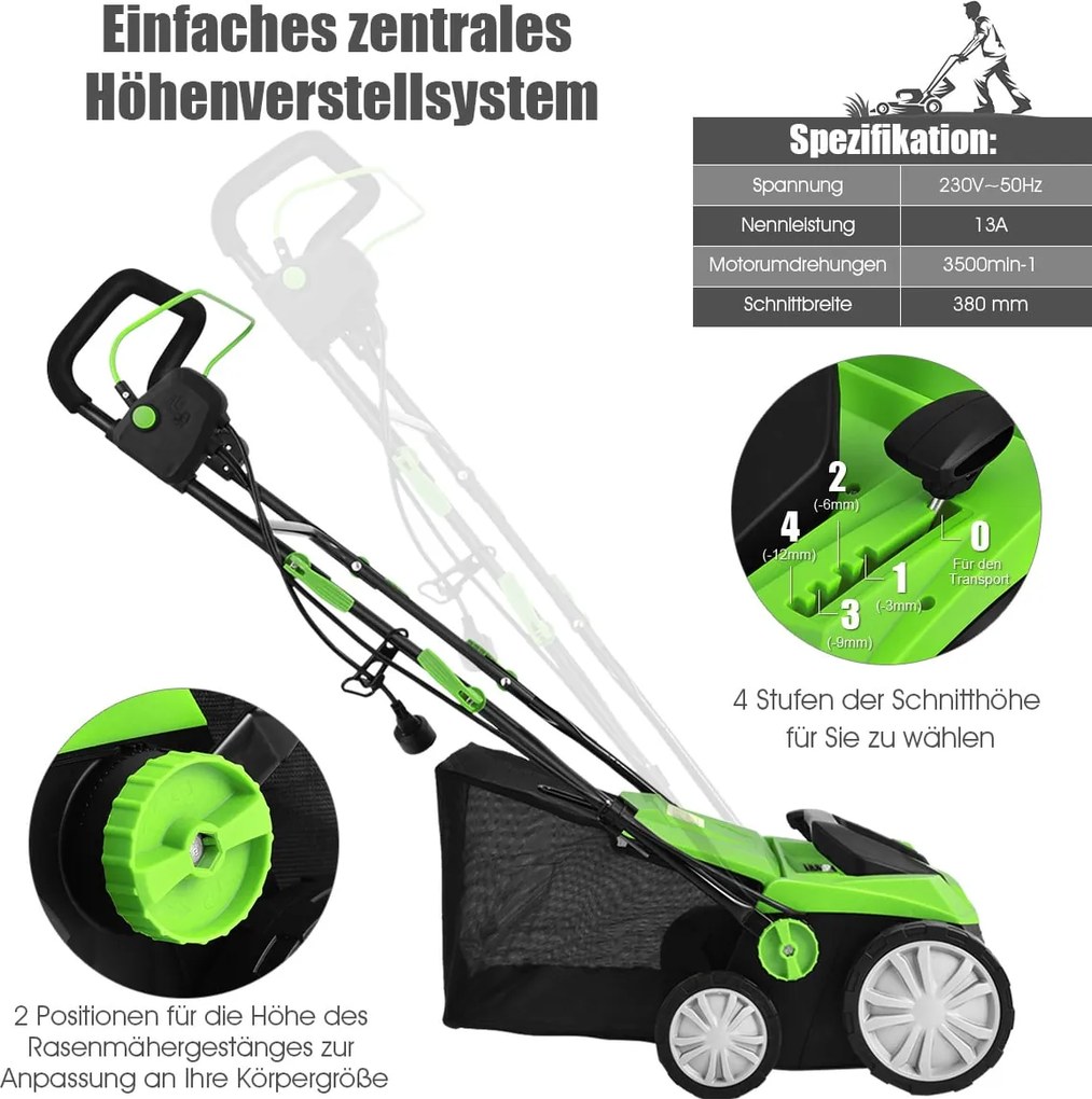 Costway Elektrický vertikutátor provzdušňovač trávníku 1800 W 2 úrovně – zelený