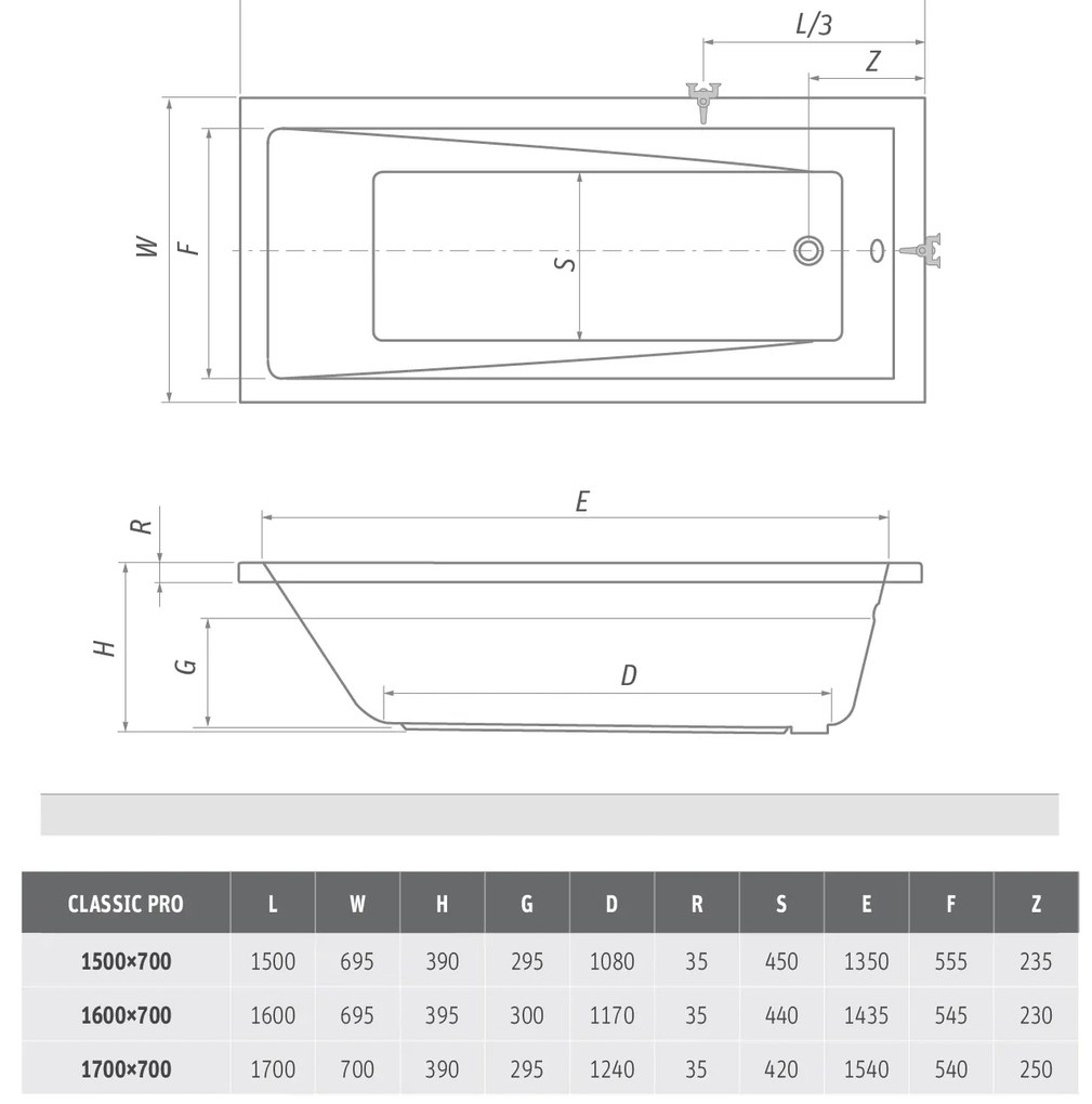Roth Project Line Classic Pro 150 vana akrylátová 150 x 70 cm 9040000 obdélníková