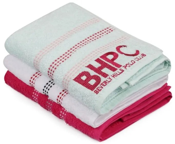 Sada mátově zeleného, bílého a fuchsiově růžového ručníku Beverly Hills Polo Club Stripes, 90 x 50 cm