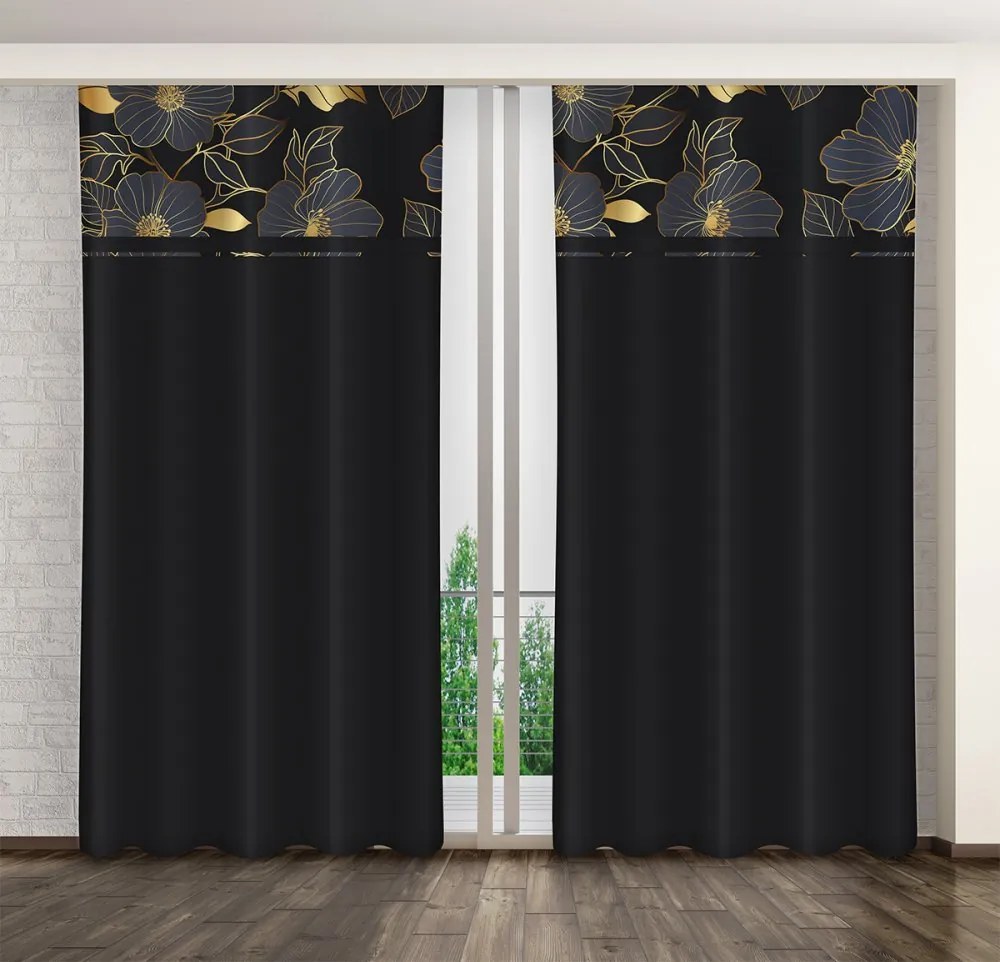 Klasický černý závěs s potiskem zlatých květů Šířka: 160 cm | Délka: 270 cm