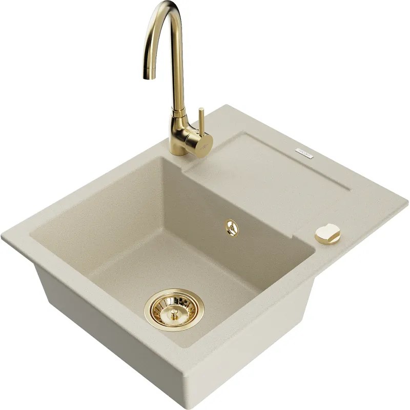Mexen Enzo, granitový dřez 576x465x174 mm, 1-komorový, zlatá baterie Telma, béžová, 6506-69-670200-50
