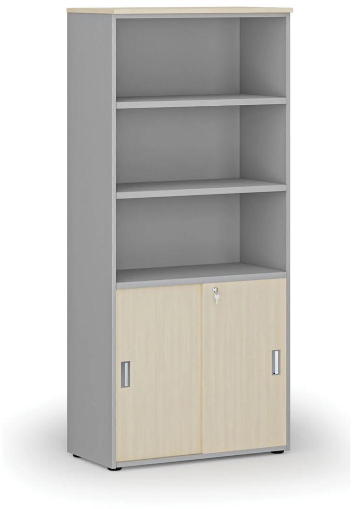 Kombinovaná kancelářská skříň PRIMO GRAY, zasouvací dveře na 2 patra, 1781 x 800 x 420 mm, šedá/třešeň