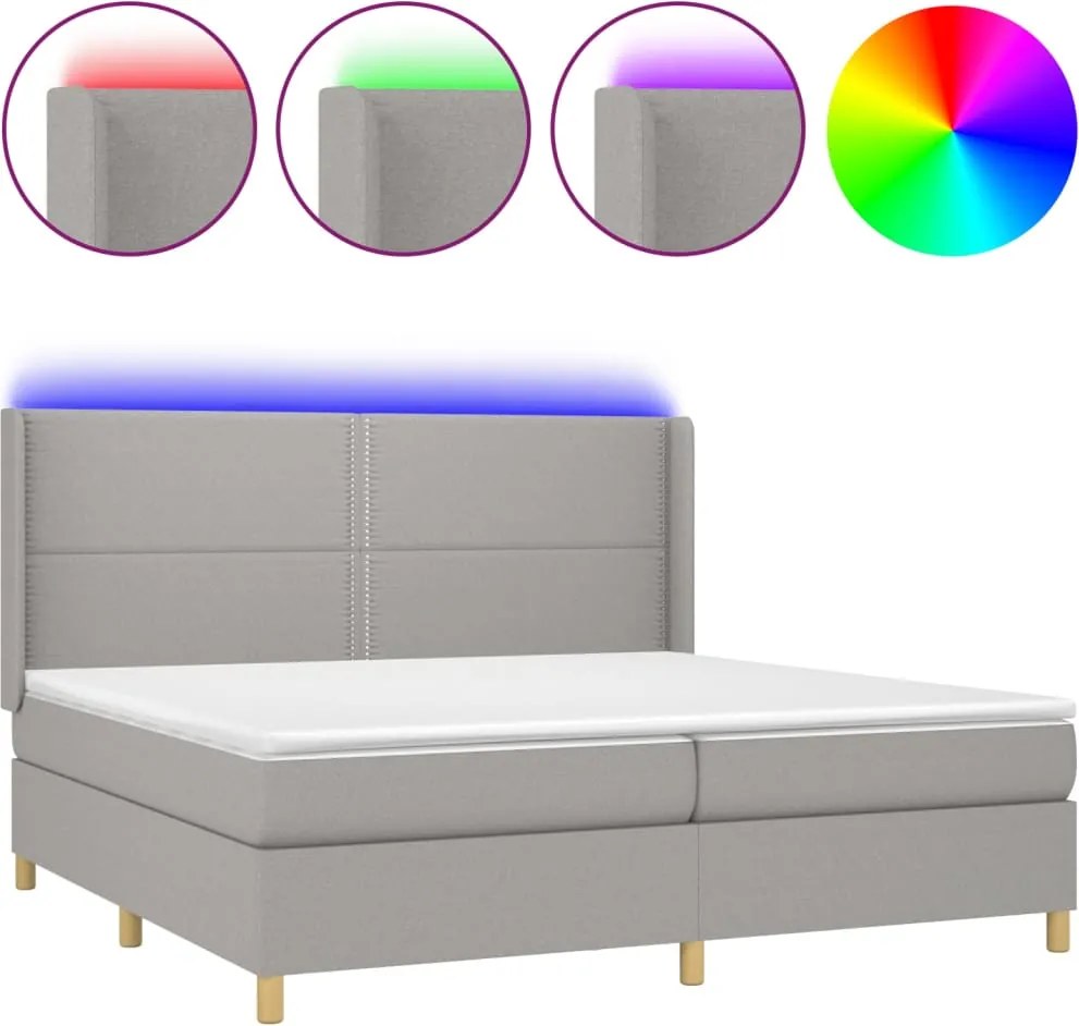 Box spring postel s matrací a LED světle šedá 200x200 cm textil 3138821