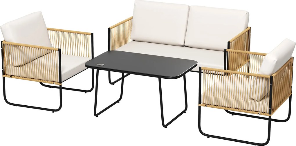Outsunny Zahradní Souprava pro 4 Osoby, Balkonová Ratanová Lounge se 2-místnou Pohovkou, Křesly, Skleněným Kávovým Stolkem, Odnímatelnými Polstrováním