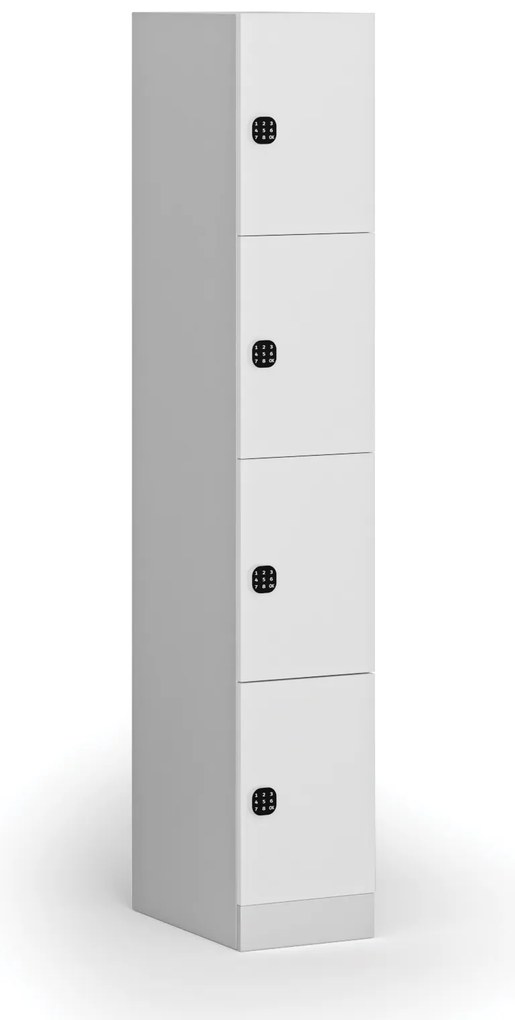 Šatní skříňka S1 s úložnými boxy, 4 boxy, 1850 x 300 x 500 mm, demont, kódový zámek, laminované dveře, bílá