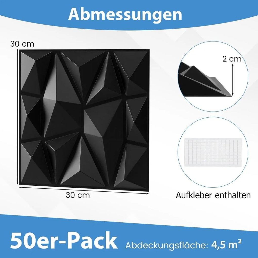 Costway 3D nástěnné panely Diamant 30 × 30 cm, 100 kusů, černé
