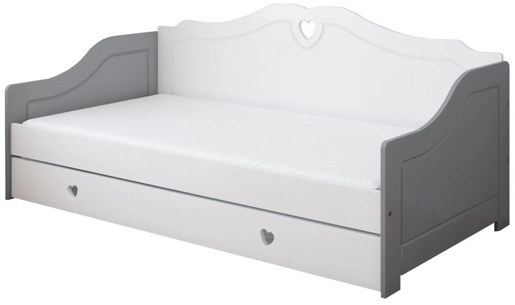 BabyBeds Dětská postel ZUZANA srdíčka Velikost postele: 180x80 cm, Barevné provedení: bílá a šedá, Úložný prostor: Ne, bez úložného prostoru Bílá