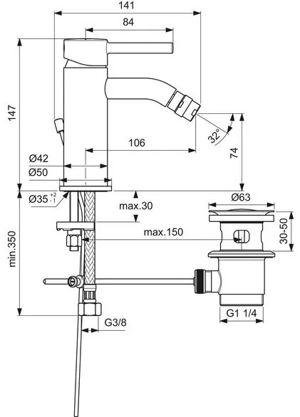 Ideal Standard Ceraline Bidetová baterie s výpustí, černá mat BC197XG