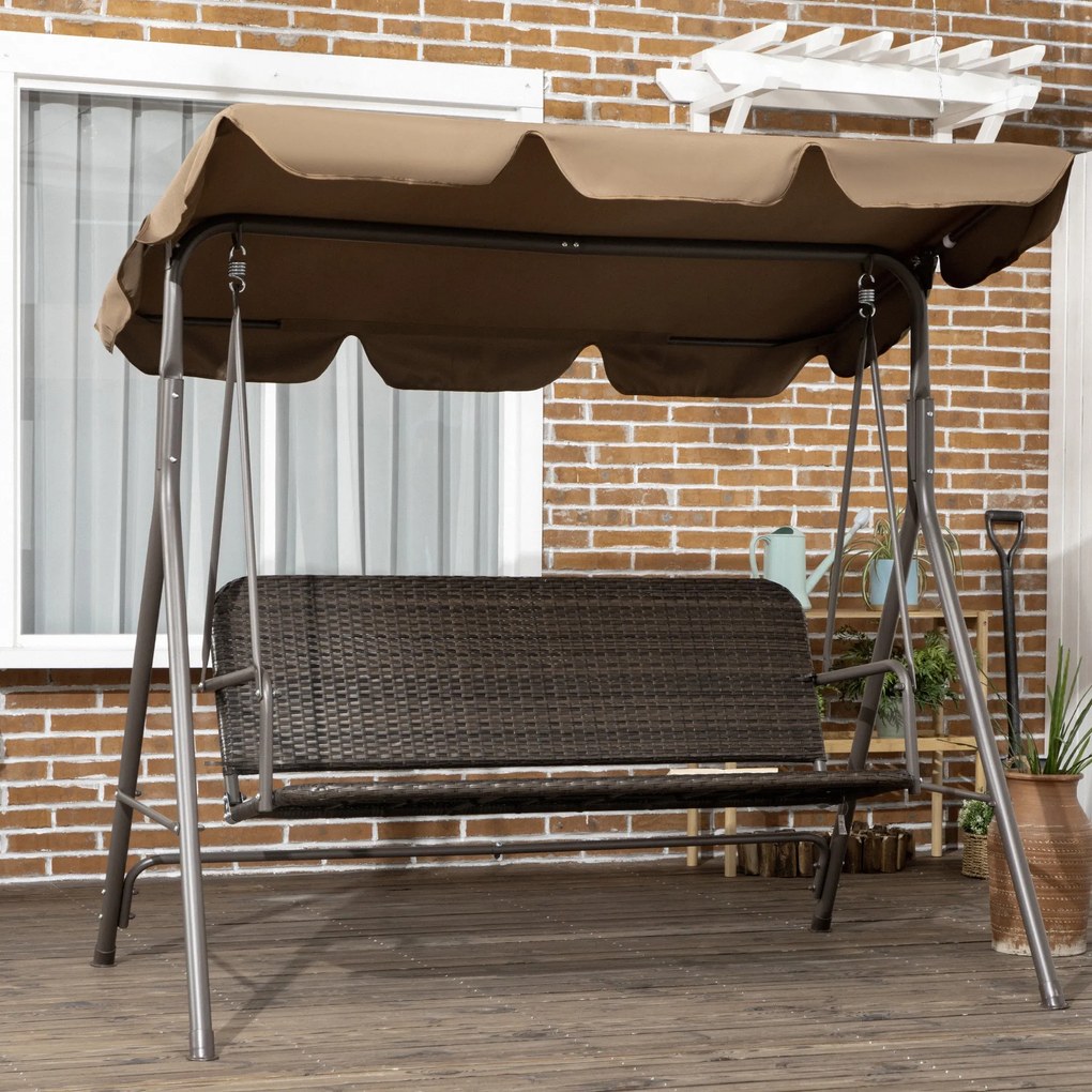 Zahradní houpačka Outsunny pro 3 osoby s nastavitelnou sluneční střechou, sedák z PE ratanu a opěrky na balkon, terasu, patio - nosnost 240 kg, 167x1…