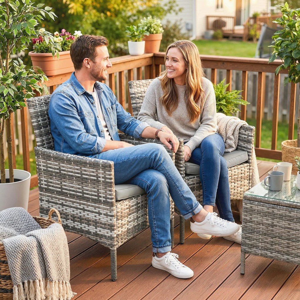 Outsunny sada 2 zahradních židlí Polyratanový zahradní nábytek se 2 křesly Odnímatelné polštáře Ocelový rám Šedá barva