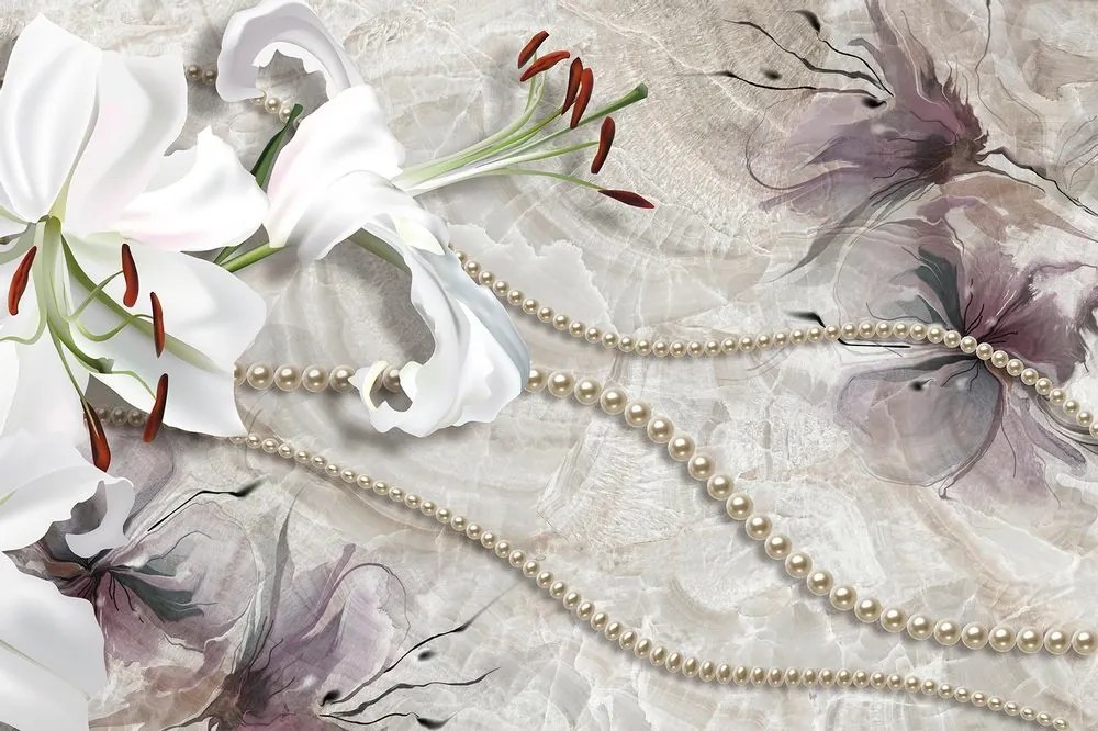 Tapeta okouzlující lilie a perly - 300x200 cm