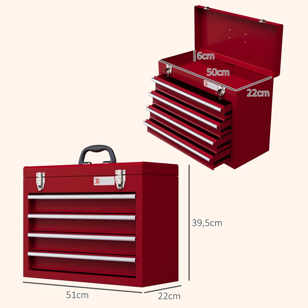 DURHAND box na nářadí prázdný, 51 x 22 x 39,5 cm Box na nářadí se 4 zásuvkami, horní úložný prostor, rukojeť, box na nářadí se zámkem, ocel| Aosom