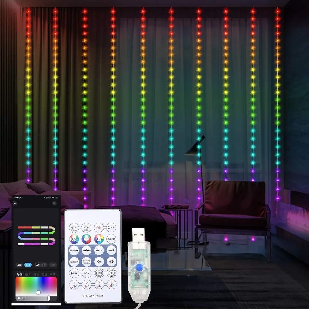 LED světelný závěs Wizard, 3x3m, RGB, ovladač