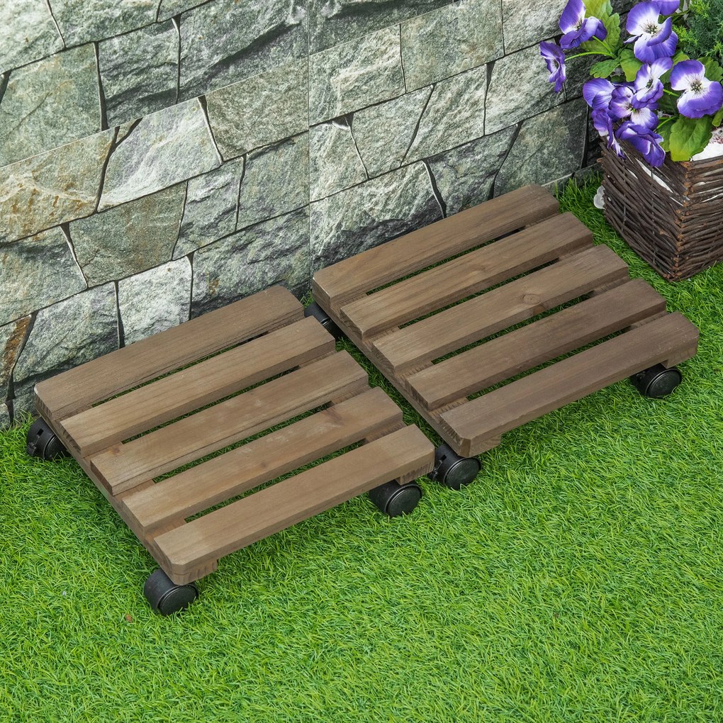 Outsunny sada 2 válečků na rostliny na kolečkách s brzdami 30x30cm tmavě hnědá pro vnitřní i venkovní použití | Aosom.de