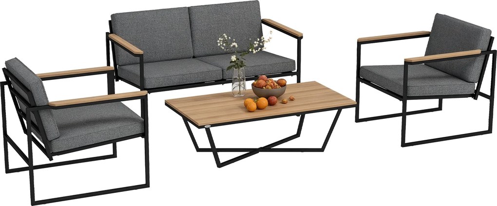 Zahradní nábytek Outsunny pro 4 osoby - Odolný balkonový set s 2 místnou pohovkou, 2 židlemi, polstrováním a stolkem - Venku ideální sedací souprava p