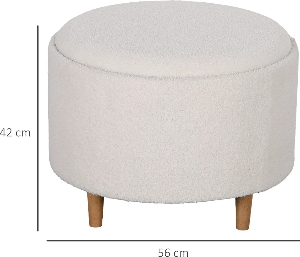 HOMCOM taburet Ø56 x 42 cm, kulatý čalouněný taburet s úložným prostorem a odklápěcím víkem, dřevěné nohy, ideální do obývacího pokoje a ložnice, bíl…