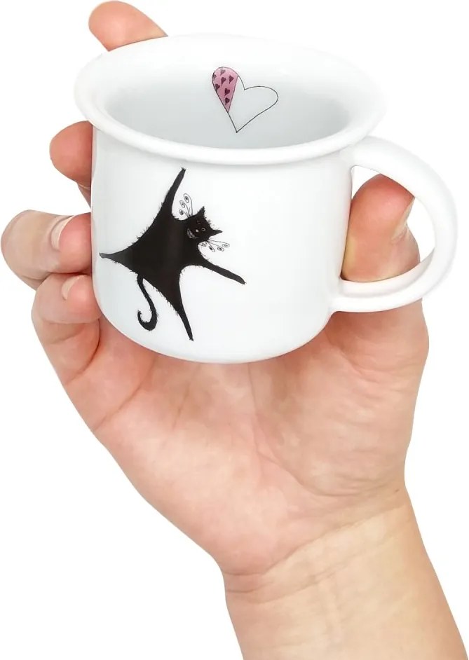 Porcelánový moka hrnek Visící kočka, 100 ml – s originální malovanou perokresbou, český design