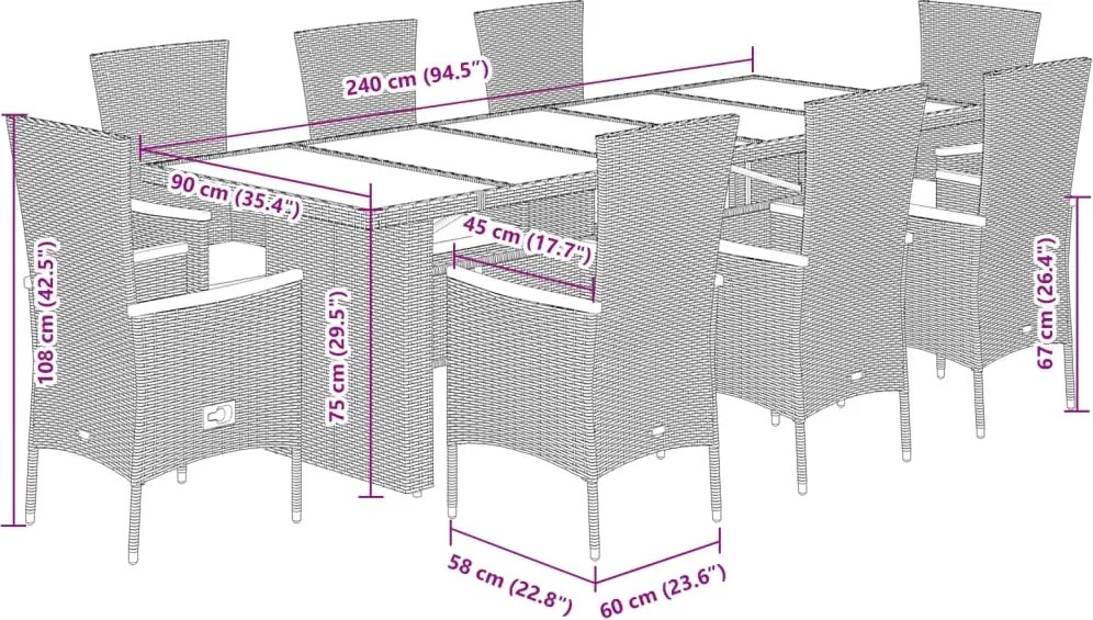 9dílný zahradní jídelní set s poduškami šedý polyratan 3277553