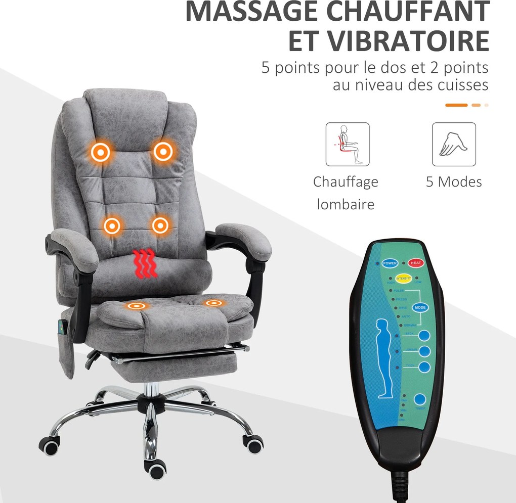 Vinsetto Masážní Hřejivá Kancelářská Židle Ergonomická S Nastavitelnou Výškou A Sklopným Opěradlem Z Mikrovlákna Šedá