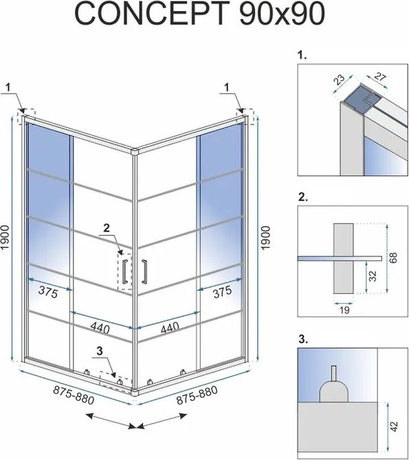 Rea Concept, sprchový kout 90x90x190 cm, černý profil + bílá sprchová vanička Savoy, KPL-K1001