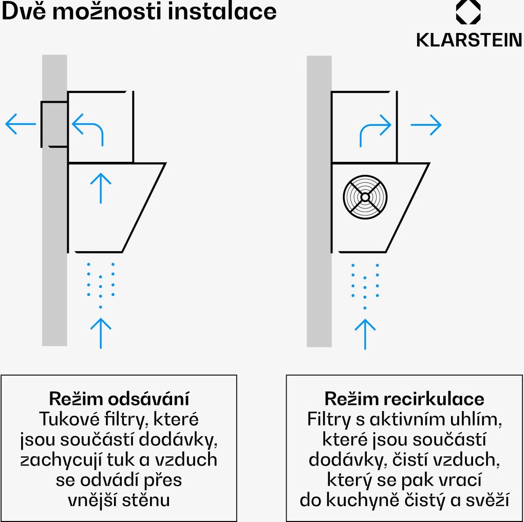 Klarstein Athena šikmá digestoř | režim odsávání vzduchu a recirkulace | 404 m³/h | 56 W | 60 cm