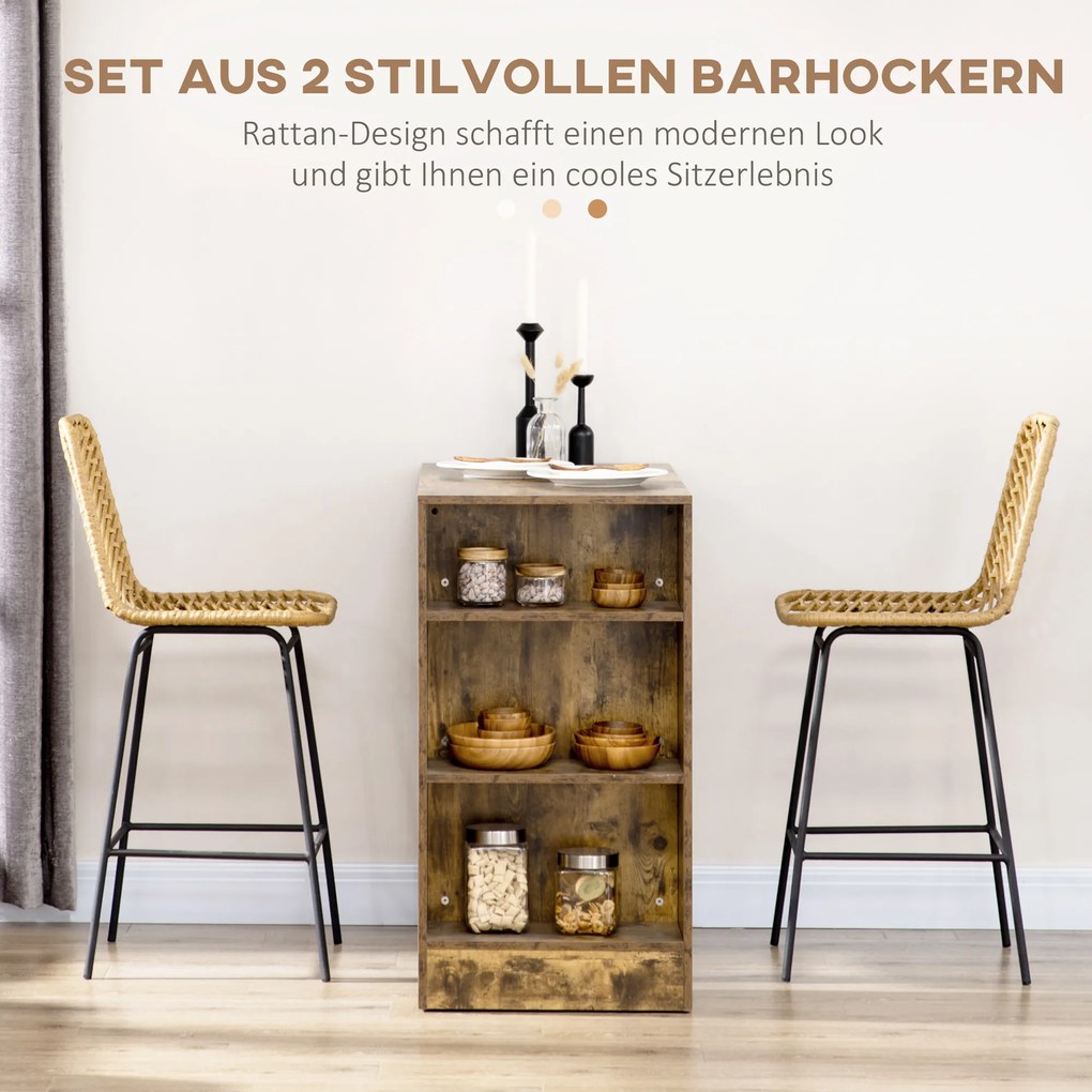 Barová židle HOMCOM, sada 2 kusů s opěradlem, barová židle v ratanovém vzhledu, kuchyňská židle v boho designu, robustní ocelové stoličky, žlutá | Ao…