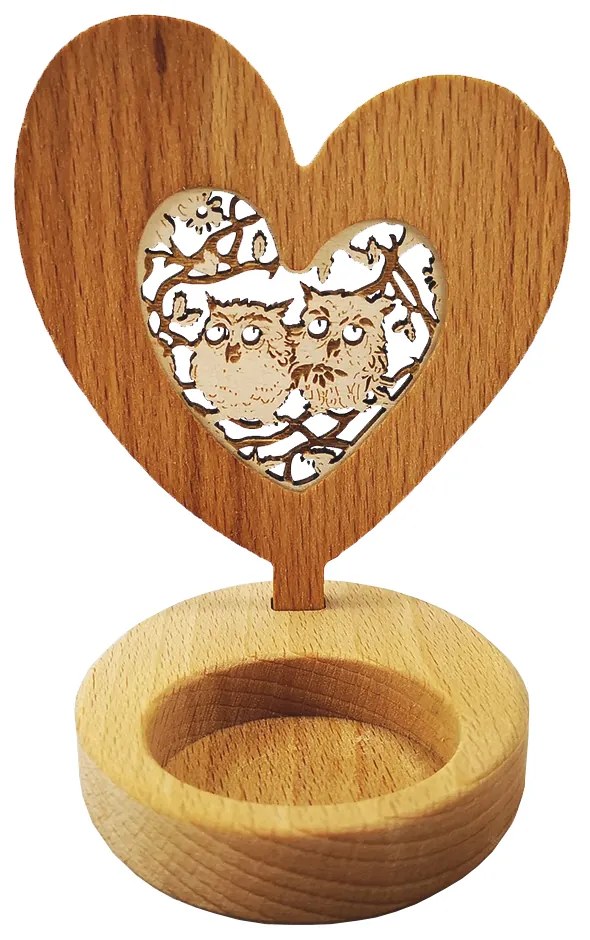 AMADEA Dřevěný svícen srdce s vkladem - sovy, masivní dřevo, výška 12 cm