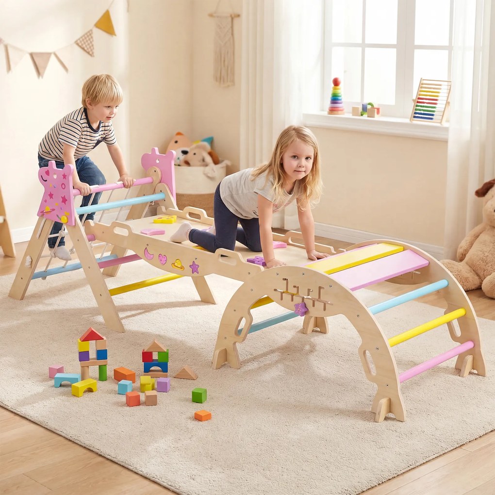 Costway Montessori lezecká sada dřevěný lezecký trojúhelník s obloukovou rampou