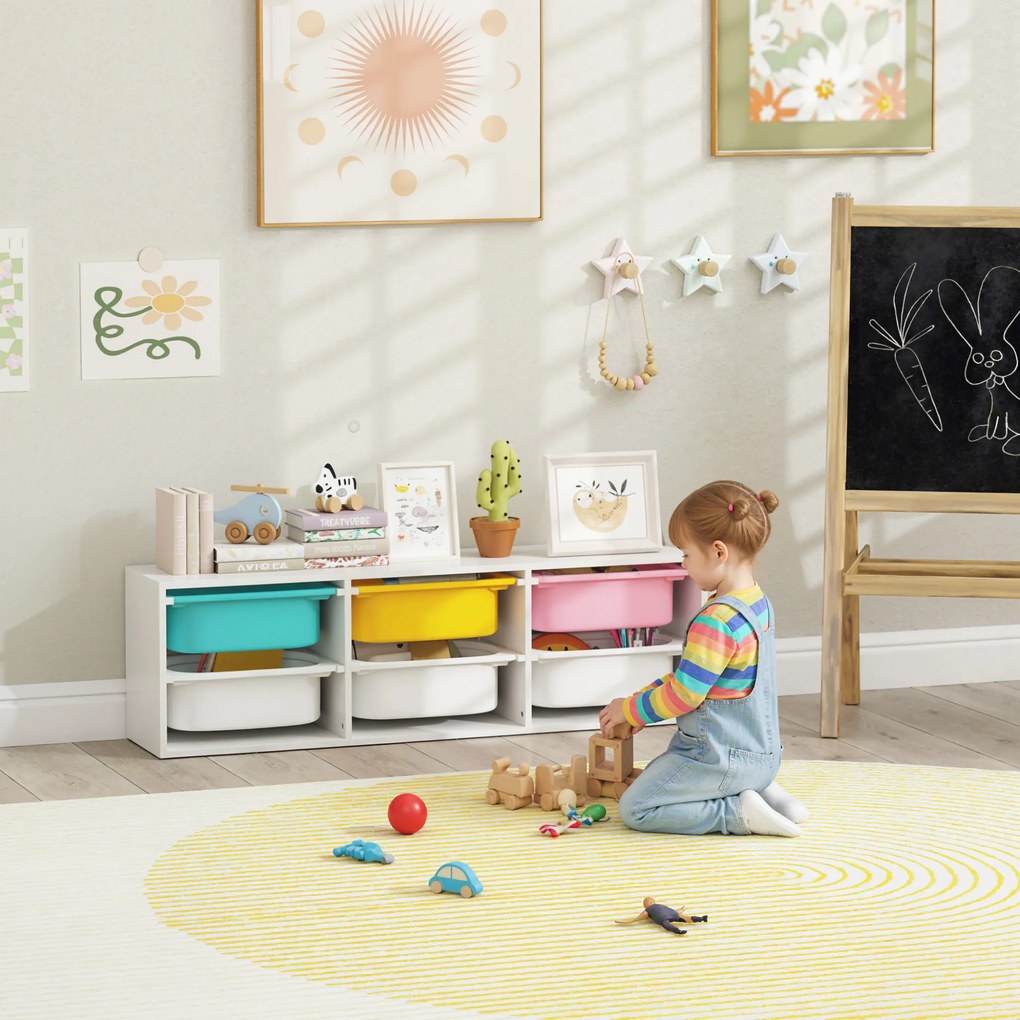 AIYAPLAY dětský úložný regál, 2 úrovně, úložný regál na hračky se 6 vyjímatelnými boxy, 97x21x29 cm, bílá