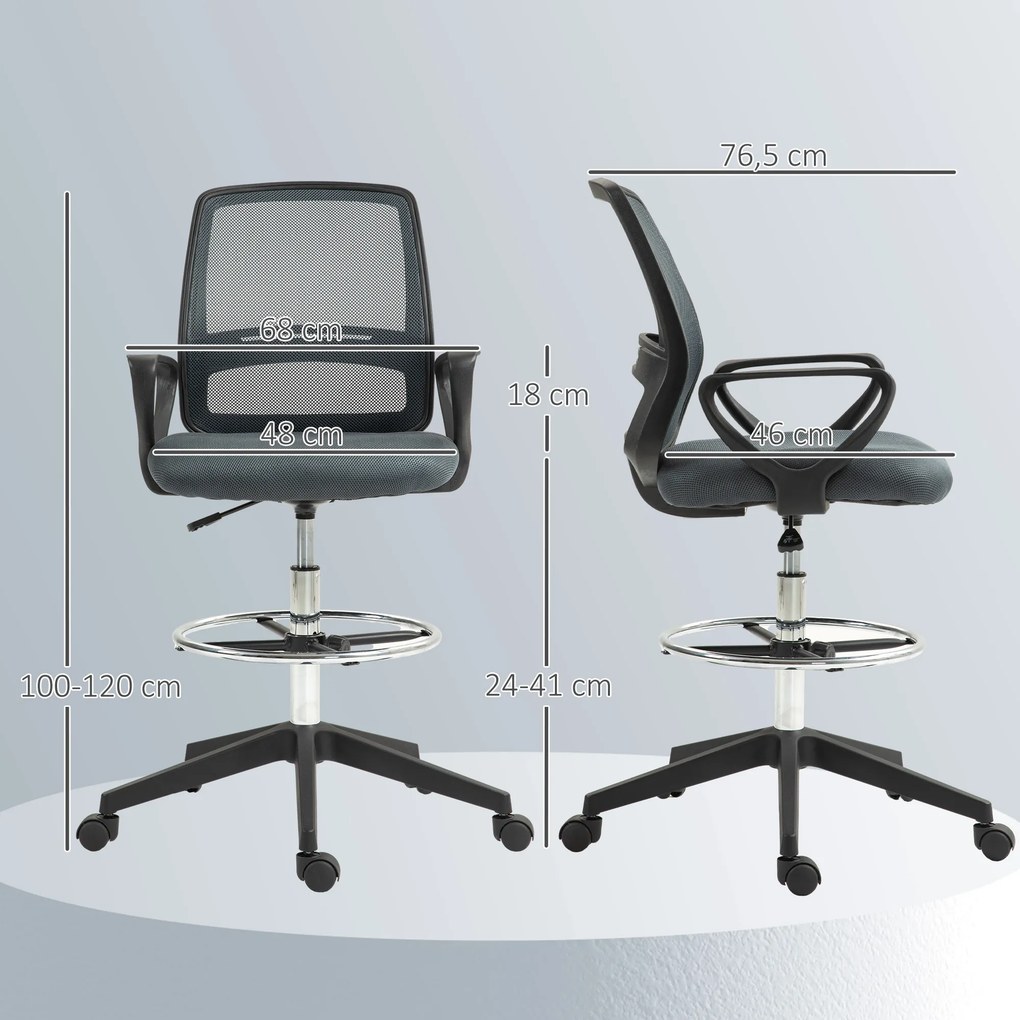 Vinsetto Kancelářská židle ergonomická židle ke stolu s područky a nastavitelným opěrným kroužkem, síťovina šedá