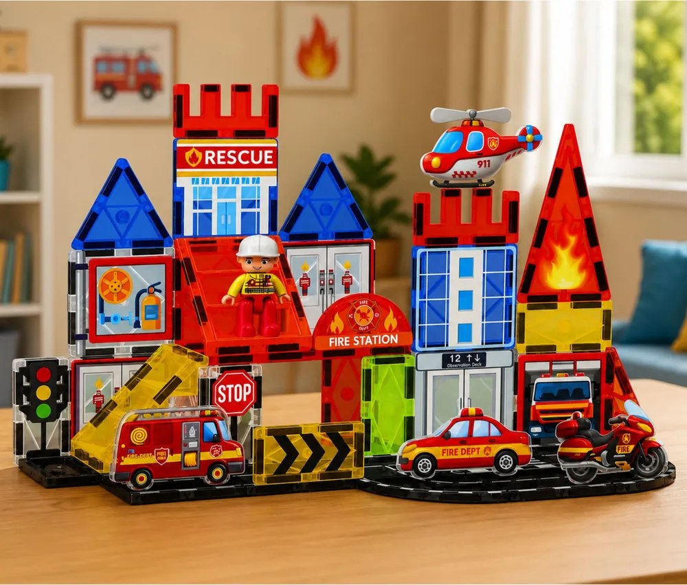 LEAN Toys Magnetické stavební kostky – Požární stanice, 42 dílů