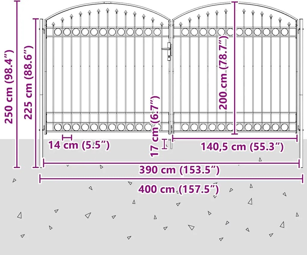 Plotová brána ASSEN dvoukřídlé dveře s klenutým vrškem ocel 400 x 200 cm 143096