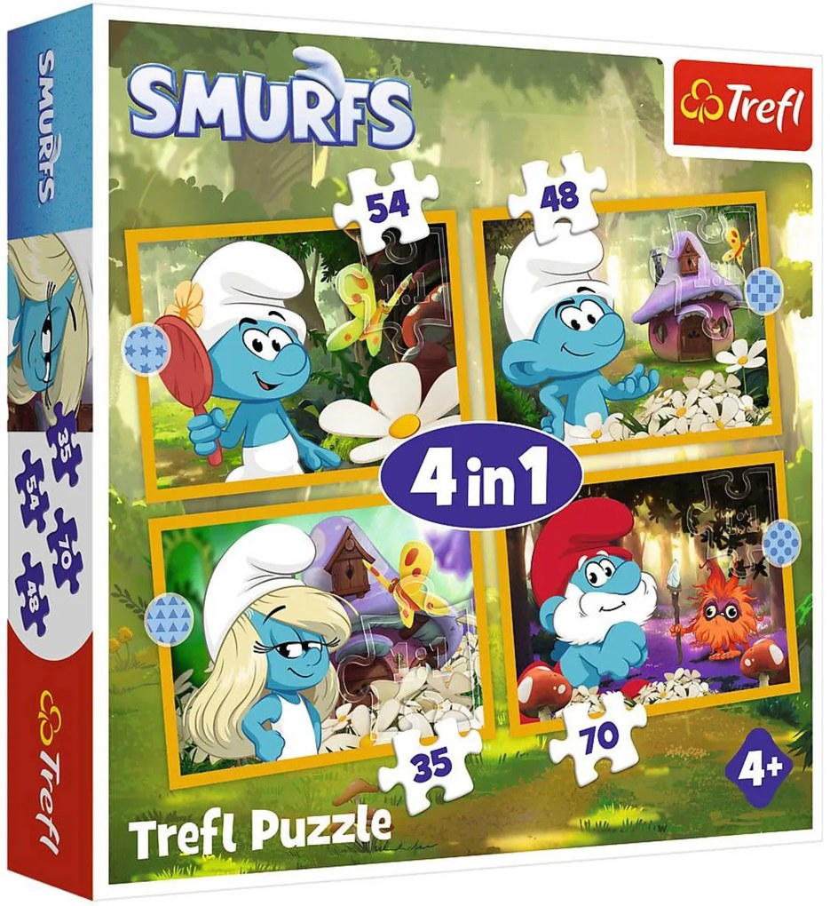 TREFL PUZZLE 4v1 Život ve Šmoulí vesnici 29x21cm 35-70 dílků skládačka tr34664