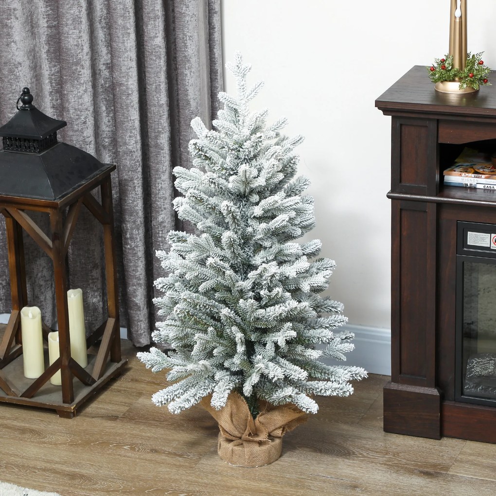 HOMCOM Mini umělý vánoční stromek 90 cm, umělý smrček se sněhem, 486 špiček, cementový základ s plátěným potahem