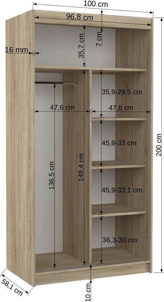 ADRK Furniture Posuvná skříň se zrcadlem BAROS 100 ADRK-SW-BAR-SW-100