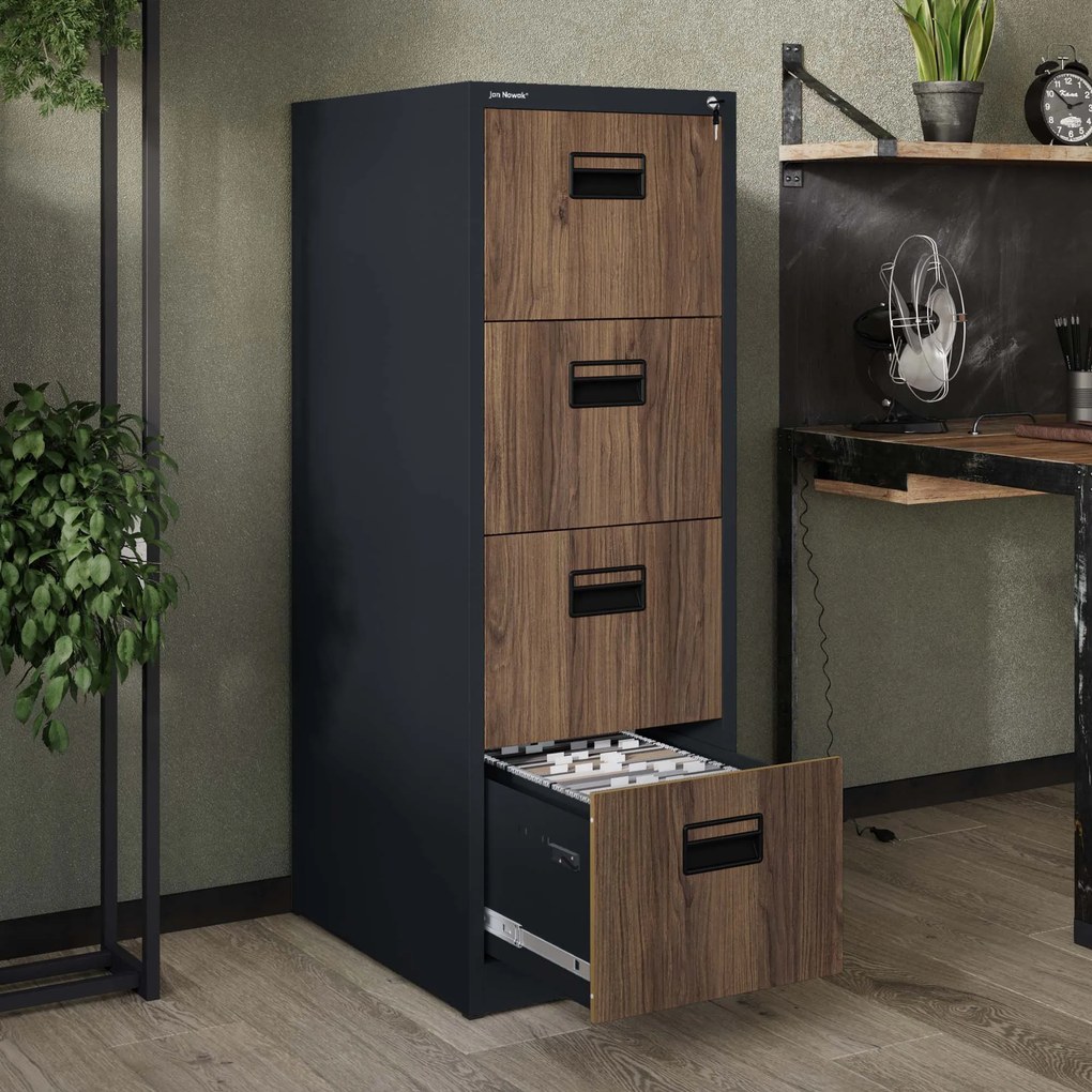 Kovová kartotéková skříň se 4 zásuvkami, antracit/ořech, 460x1320x620 mm: SARA Eco Design