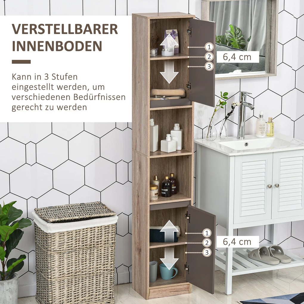 HOMCOM Vysoká koupelnová skříň s 2 dveřmi a 2 otevřenými policemi na úložný nábytek do obývacího pokoje nebo chodby 30x24x170 cm Dub a šedá