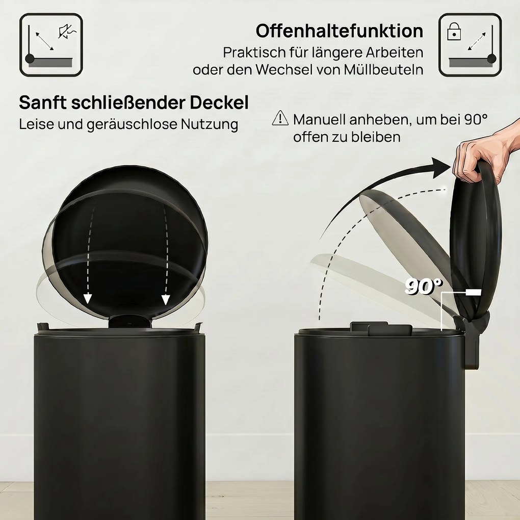 Koš na odpadky 30 l Pedálový koš na odpadky Koš na odpadky s víkem Pedálový vnitřní koš, funkce Soft-close 36 x 30 x 63,5 cm, černý