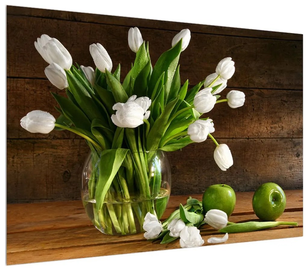 Obraz bílých tulipánů ve váze (100x70 cm)