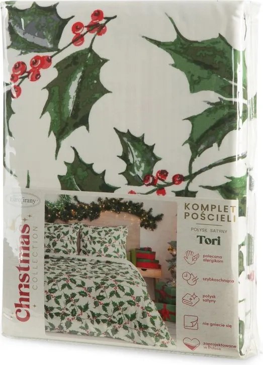Vánoční povlečení 160x200 Tori bílá zelené listy mikrovlákno Eurofirany Św 24