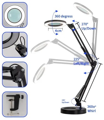 Brilagi - LED Stmívatelná stolní lampa s lupou LED/12W/5V 3000/4200/6000K černá