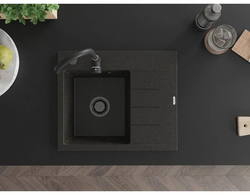 Mexen Ben, 1-komorový granitový dřez 600x500x190 mm, levý + černý sifon, černá-zlatá metalíza, 6522605000-75-B