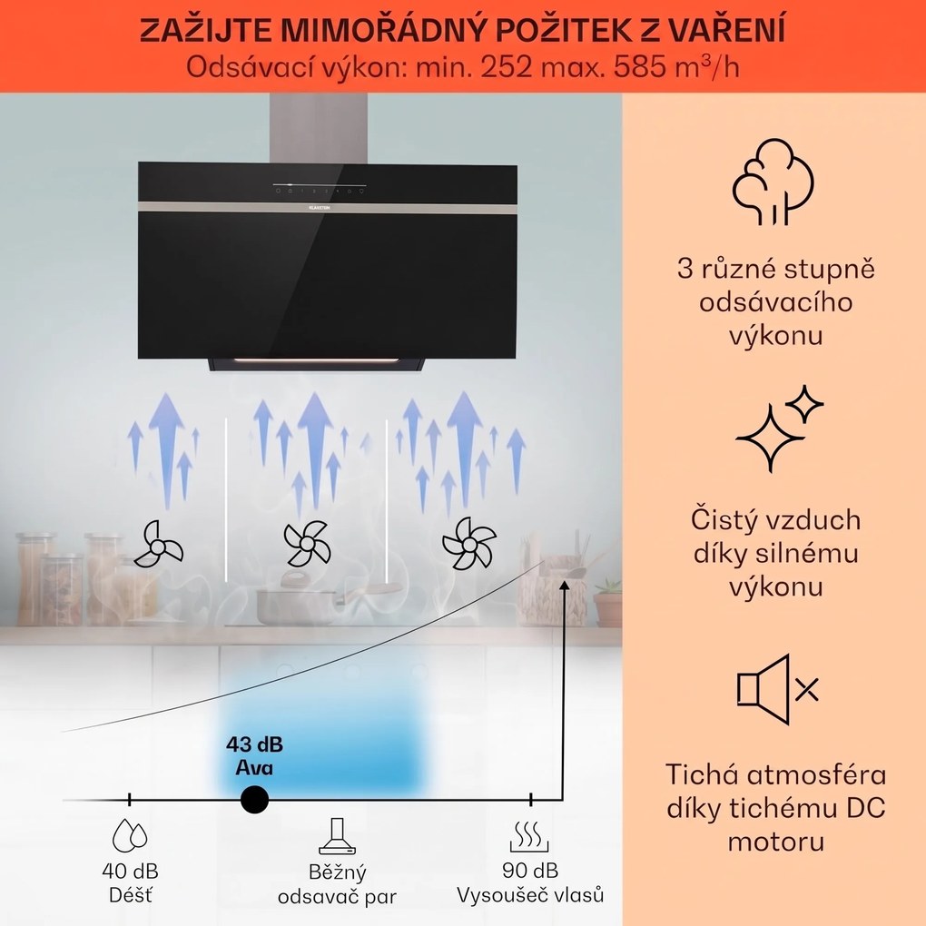 Klarstein Ava 90 Smart, digestoř, 90 cm, nástěnná, Wi-Fi, A++, 585 m³/h, dotykový displej
