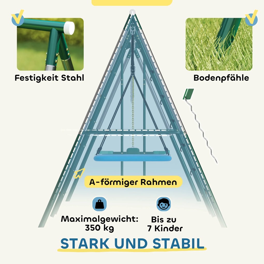 houpací rám 5 v 1 s nastavitelným hnízdem Gymnastické kruhy Dvoumístná prolézačka pro 3-8 let 440x175x203 cm