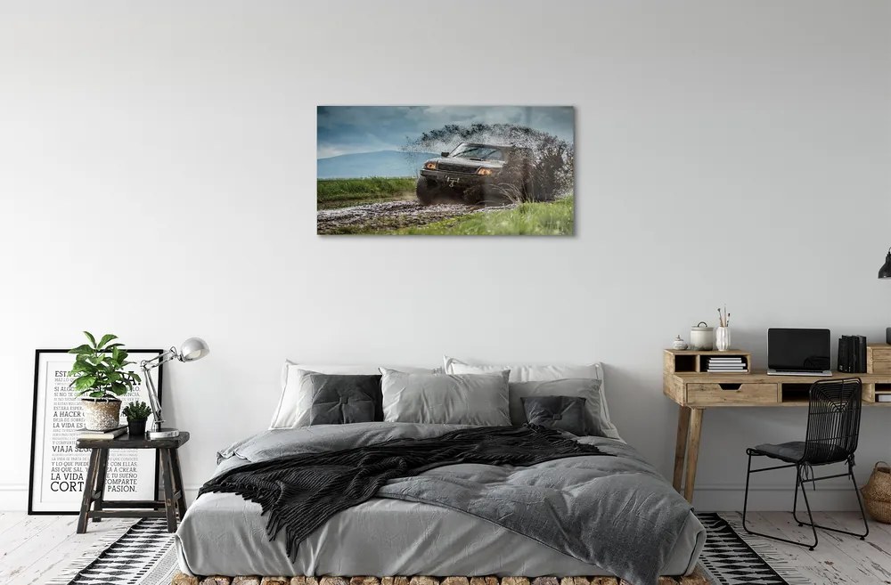 akrylový obraz Auto Field hory mraky 100x50 cm