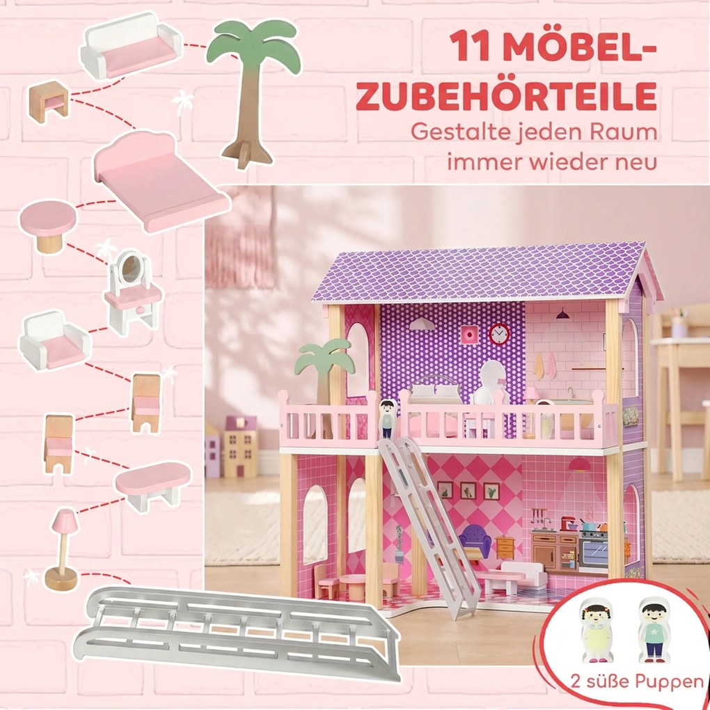 AIYAPLAY Domeček pro panenky 69 cm vysoký, 2patrový s 2 panenkami, 11 kusy nábytku, žebříkem, balkónem, velký pro dívky od 3 do 6 let, růžový