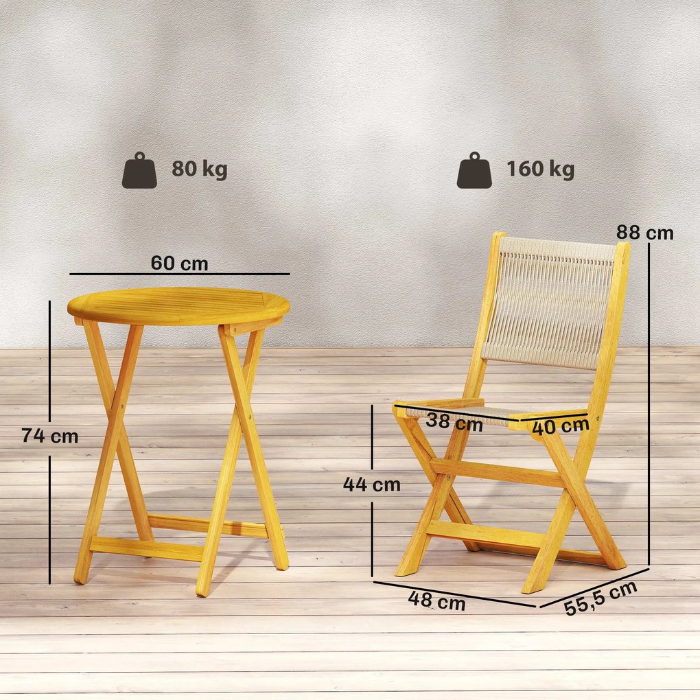 Outsunny 3dílný bistro set z akáciového dřeva – kulatý stůl + 2 skládací židle s PP provazem, přírodní