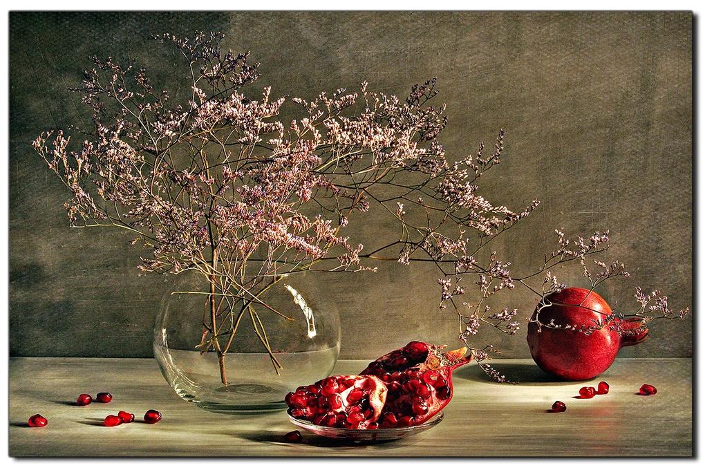 Obraz na plátně - Zátiší - větev a granátové jablko 1274A (75x50 cm)