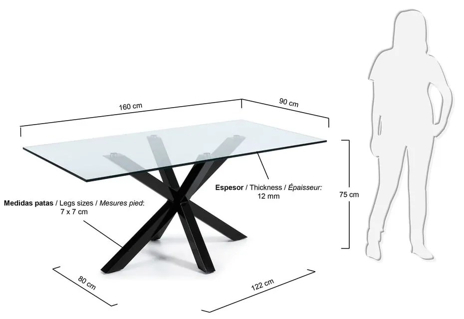 Jídelní stůl se skleněnou deskou Kave Home s černým podnožím, 160 x 90 cm