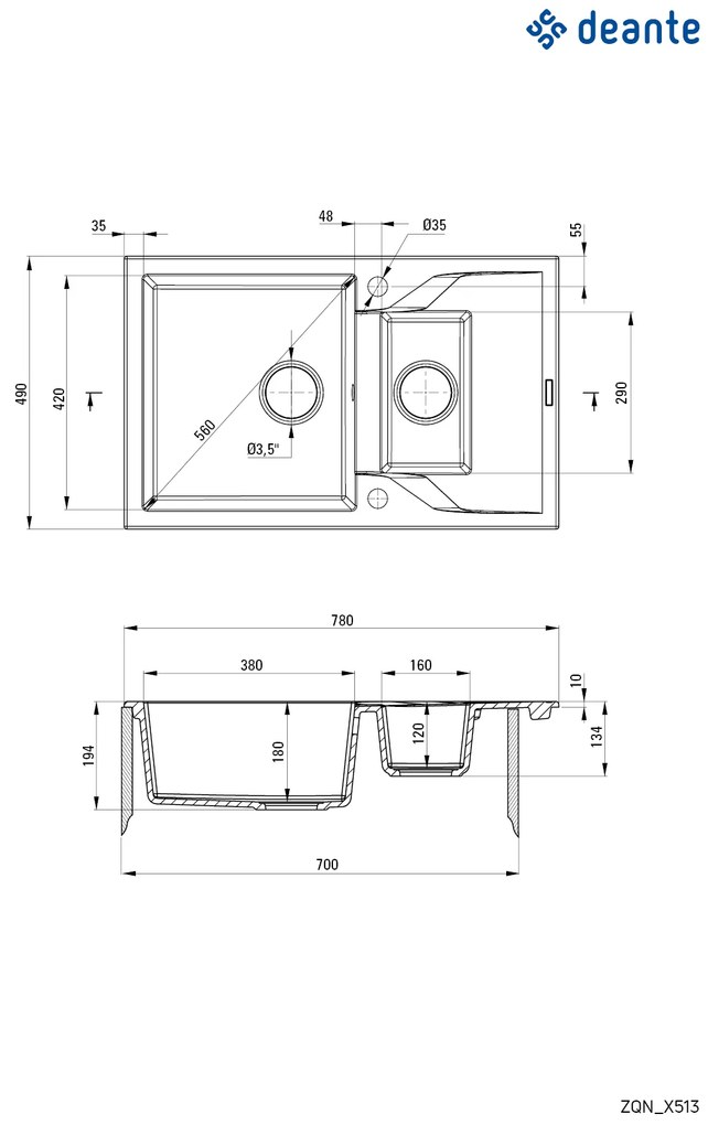 Deante Dřez Andante 1,5 komory granit - ZQN S513 šedý metalic